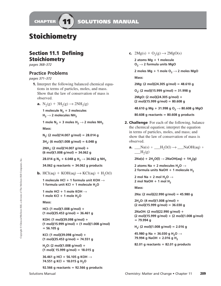 Chapter 11 Solutions Manual: Stoichiometry Chemistry