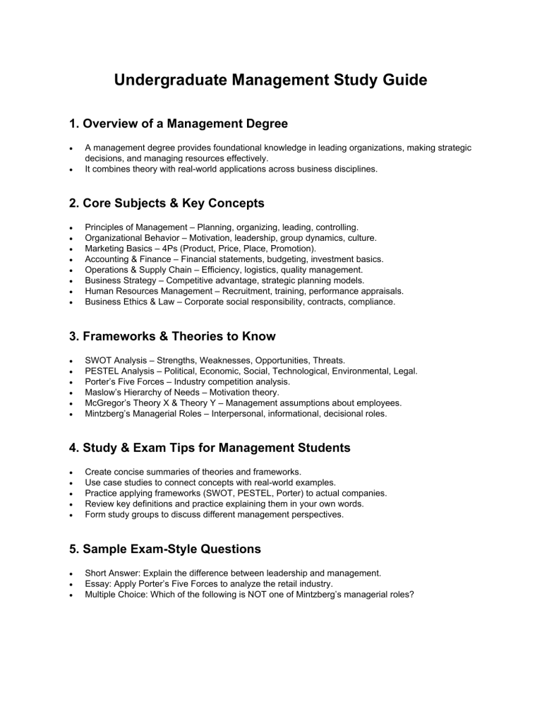 Undergraduate Management Study Guide