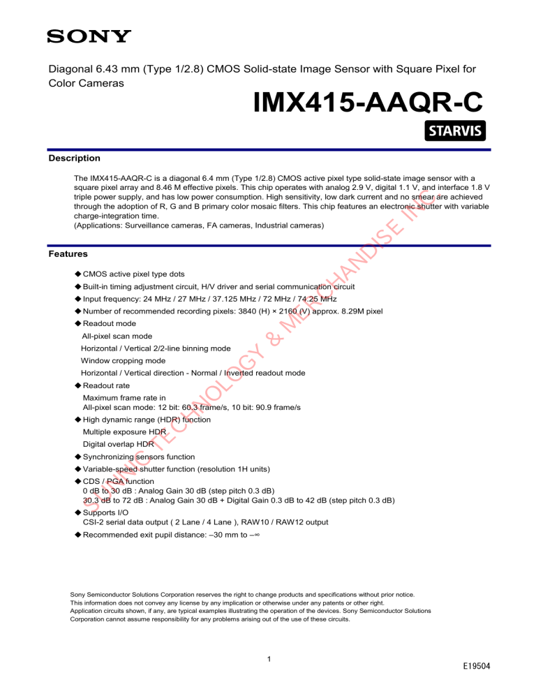 IMX415-AAQR-C CMOS Image Sensor Datasheet