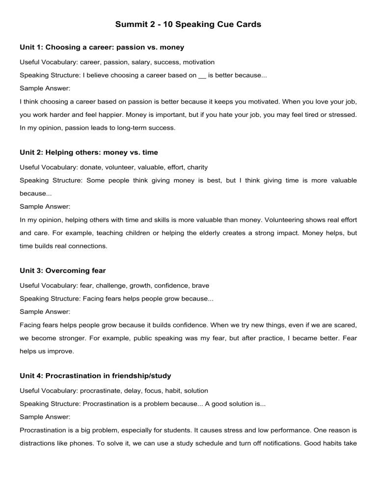 Summit 2 Speaking Cue Cards: ESL Conversation Topics