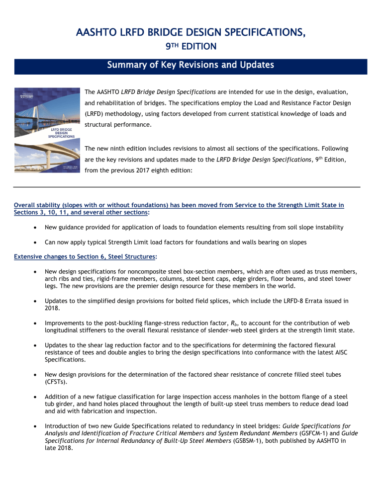 AASHTO LRFD Bridge Design Specifications 9th Ed: Key Revisions Summary