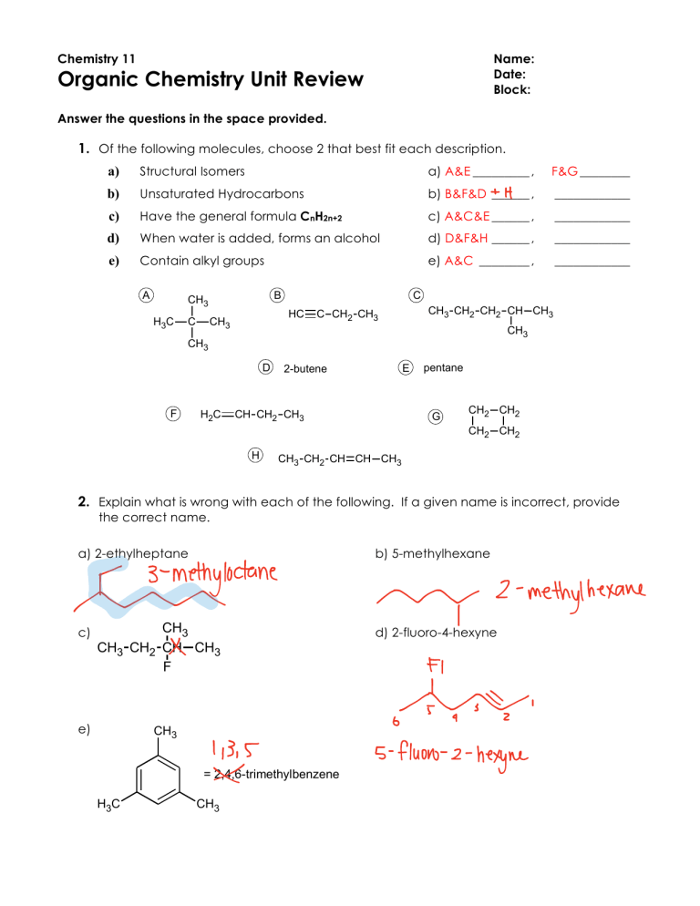 Chemistry 11 Organic Chemistry Unit Review: Naming, Isomers, Reactions