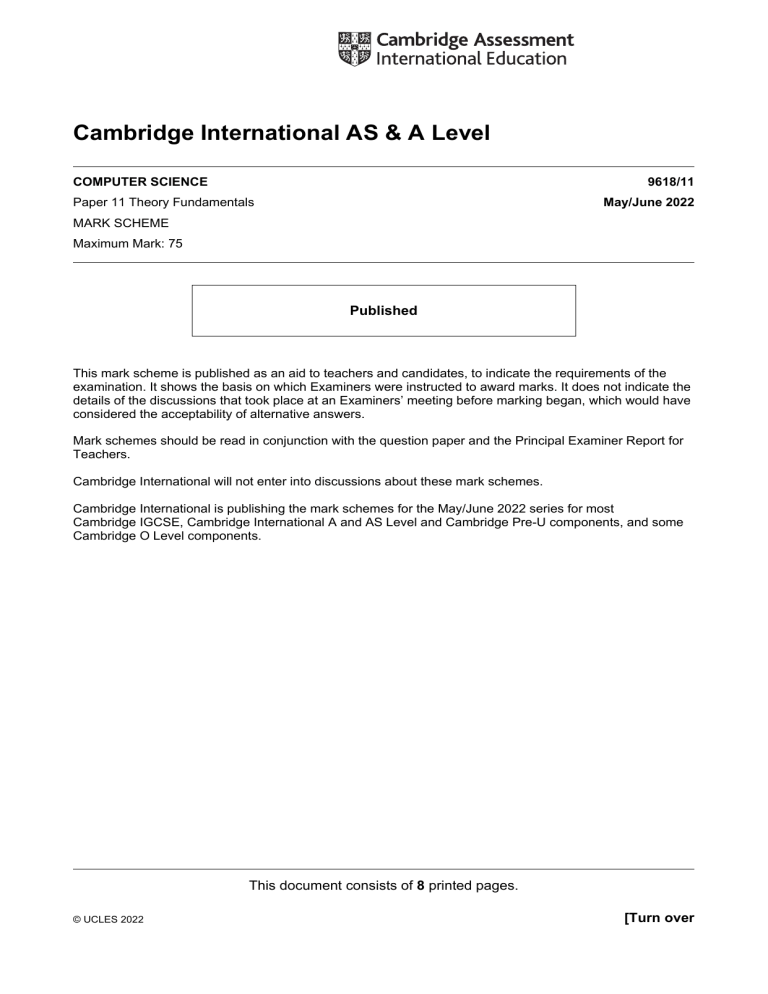 Cambridge AS & A Level Computer Science 9618/11 Mark Scheme May/June 2022