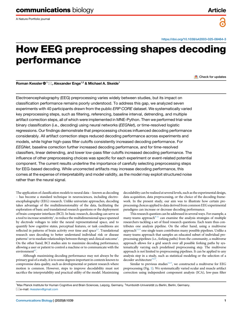EEG Preprocessing & Decoding Performance