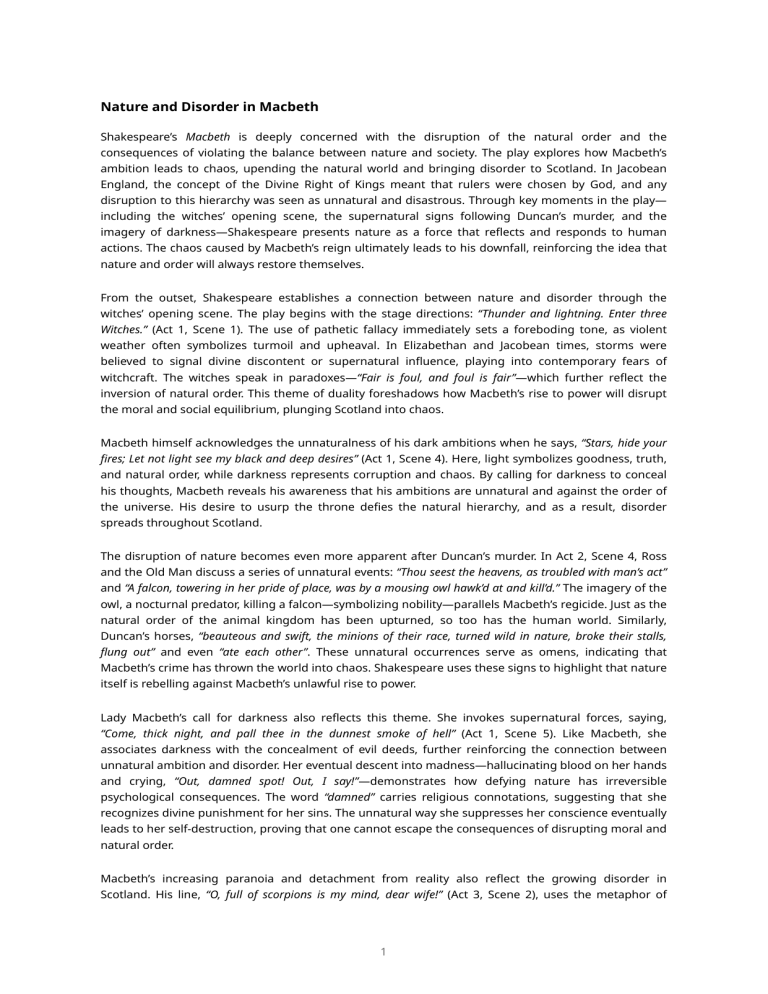 Shakespeare's Macbeth: Nature, Chaos, and Restoration of Order