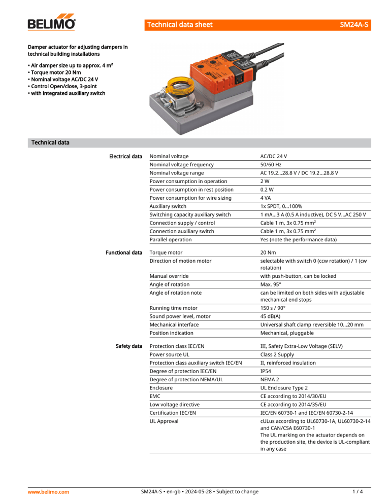 SM24A-S Damper Actuator Technical Data Sheet | Belimo 24V, 20Nm