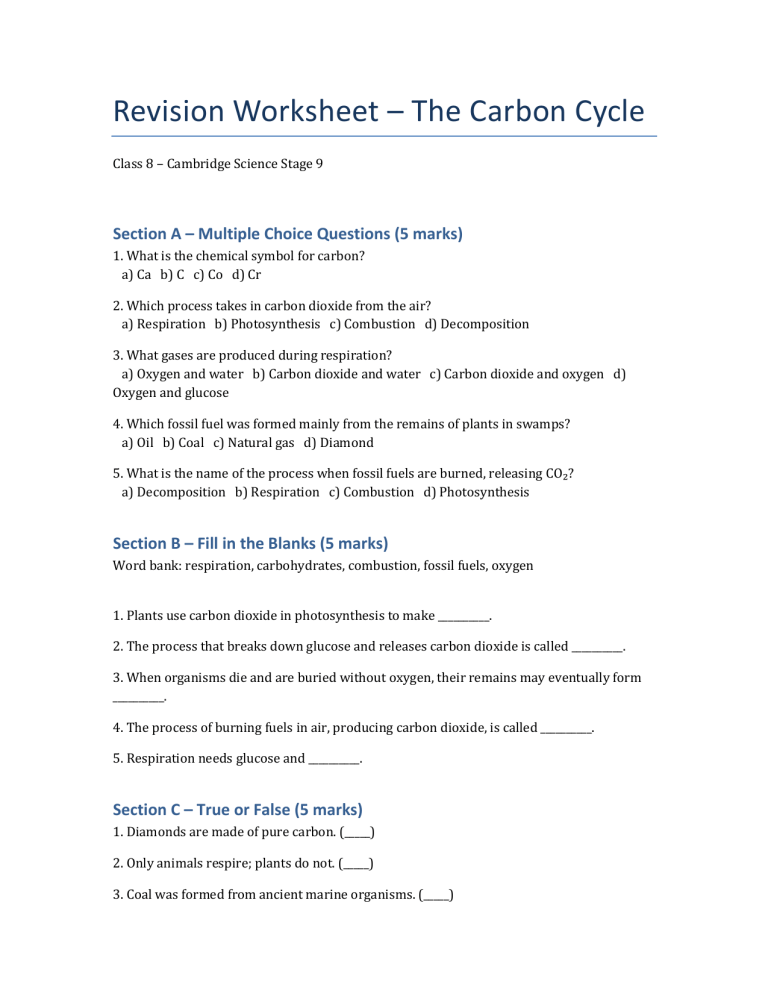 Carbon Cycle Revision Worksheet - Cambridge Science Stage 9