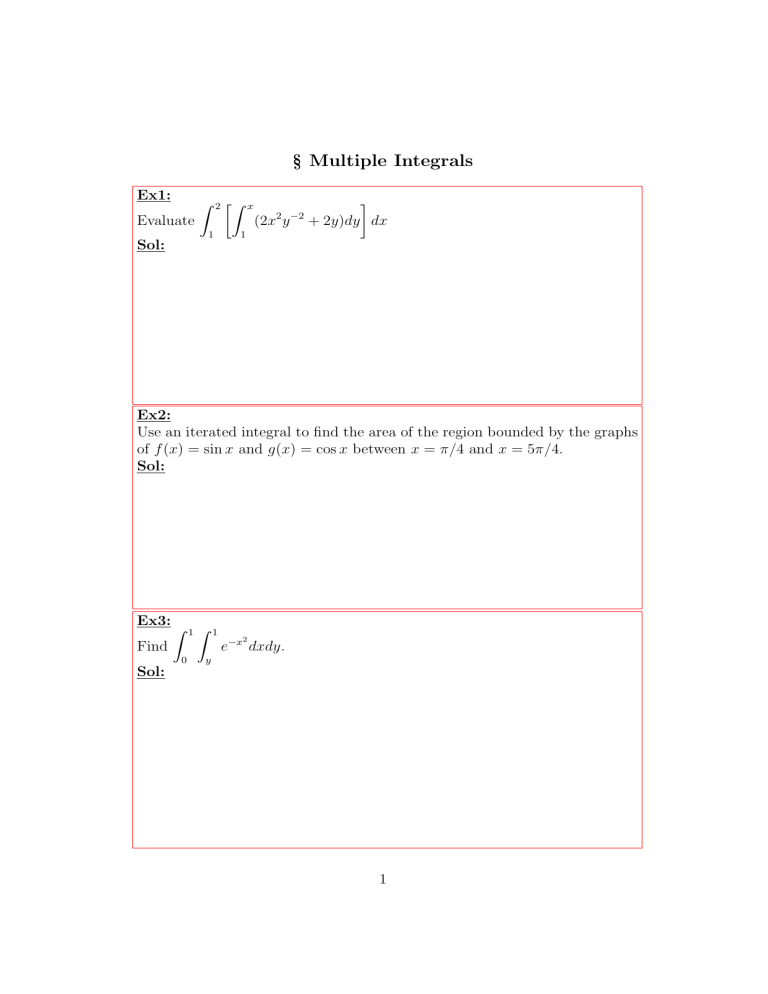 Multiple Integrals Exercises: Evaluate Double Integrals & Area