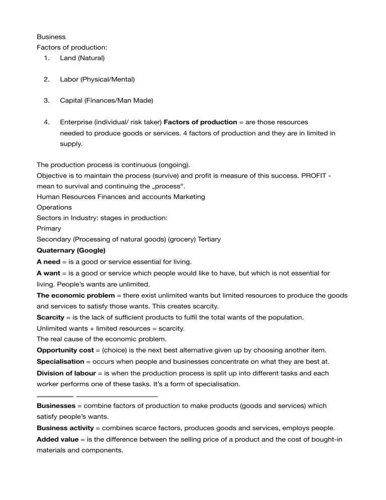 Business Studies: Factors of Production, Economic Concepts & Sectors