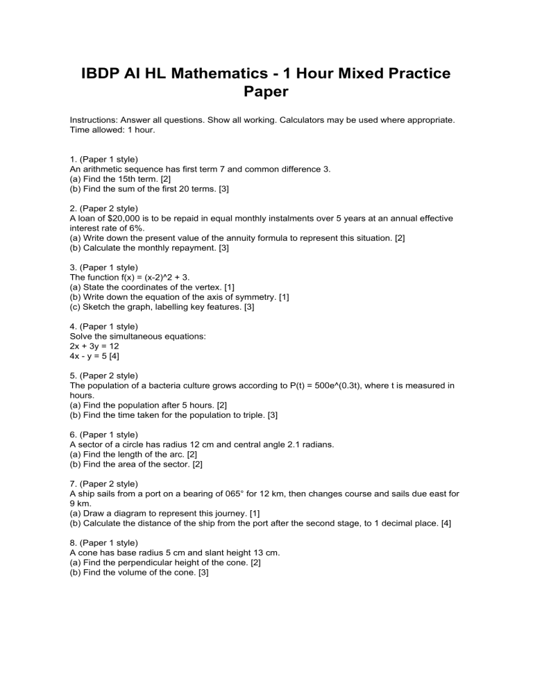 IBDP AI HL Mathematics - 1 Hour Mixed Practice Paper | Exam Prep
