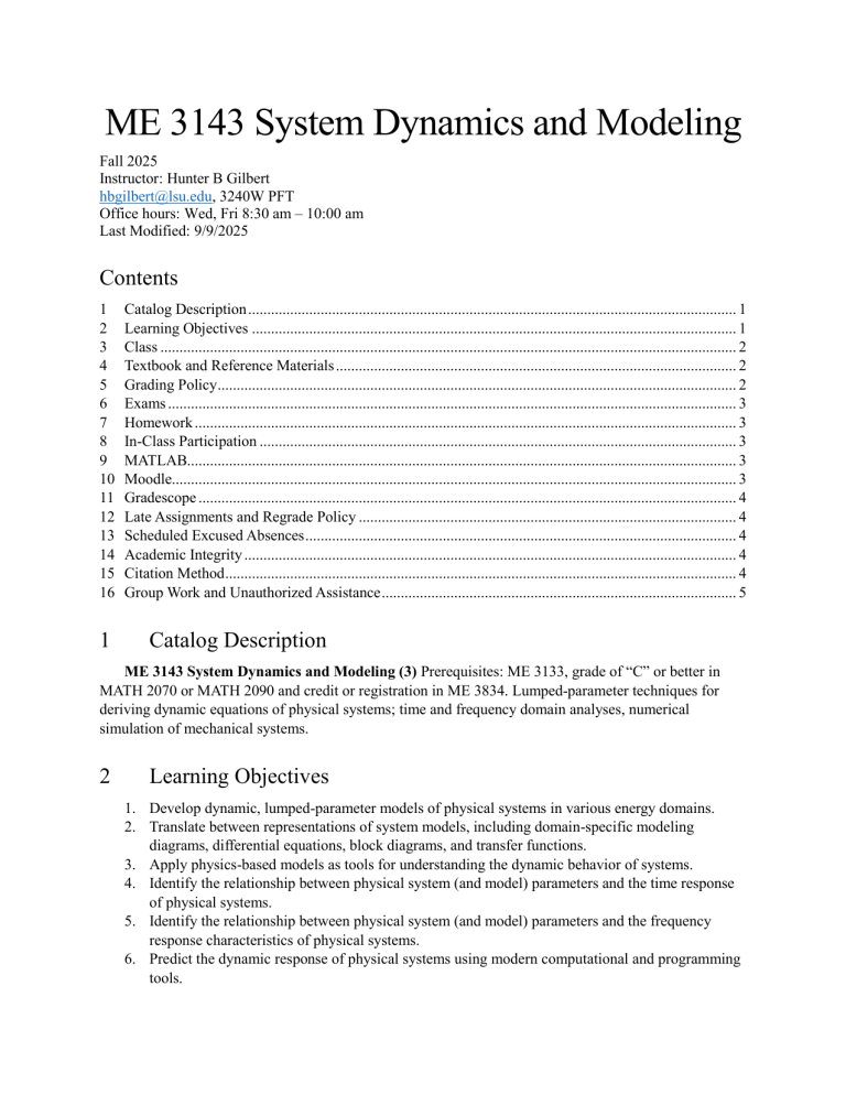 ME 3143 System Dynamics & Modeling Syllabus - LSU
