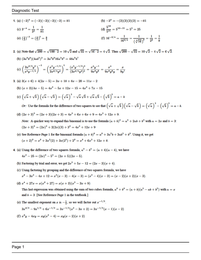 Calculus Diagnostic Test & Solutions: Functions, Limits, Derivatives