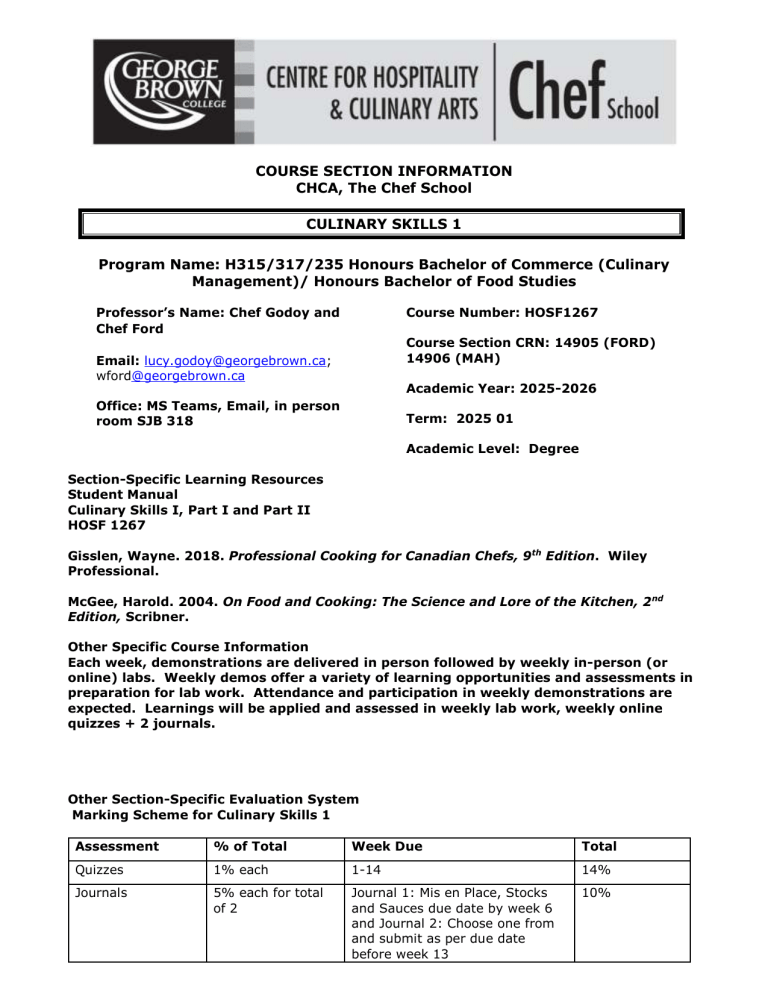 Culinary Skills 1 Course Outline | George Brown College 2025-2026