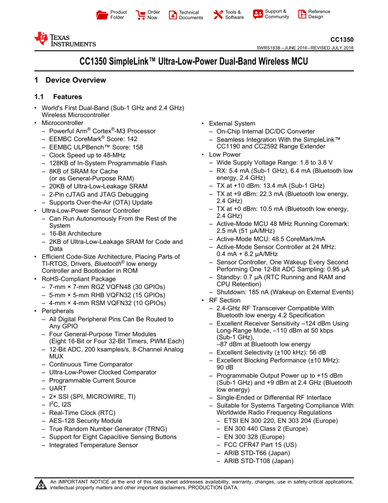 CC1350 SimpleLink Wireless MCU Datasheet