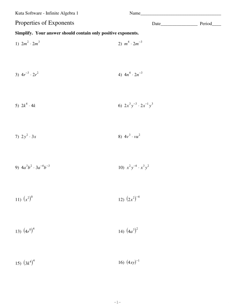 Algebra 1 Exponents Properties Worksheet