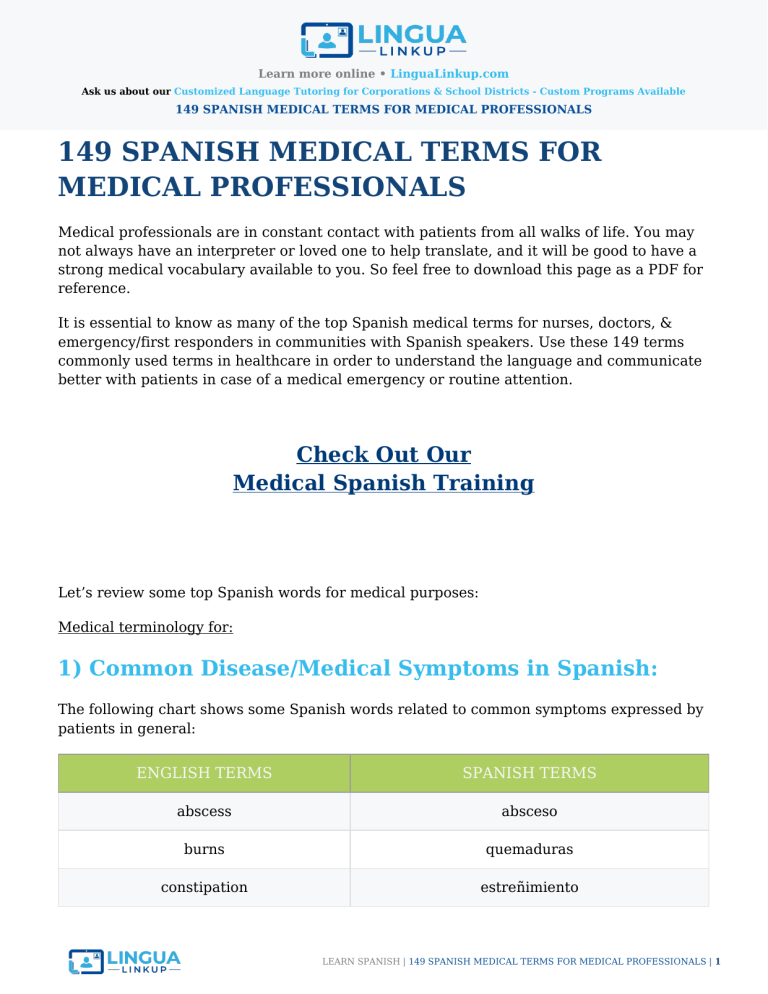 Spanish Medical Terms for Healthcare Professionals