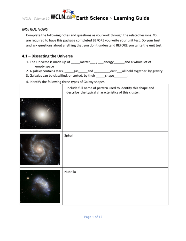 Earth Science Learning Guide: Universe, Stars, Solar System