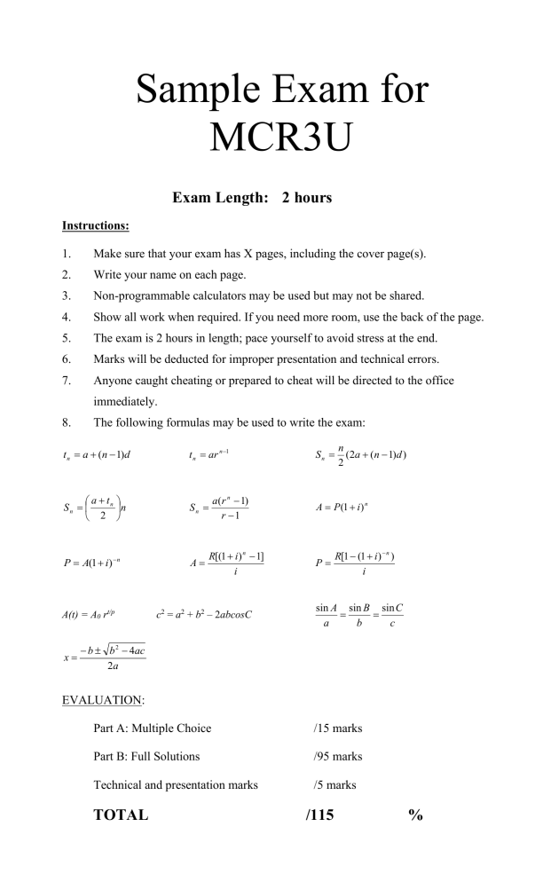 MCR3U Sample Exam: Functions, Quadratics, Trig, Sequences