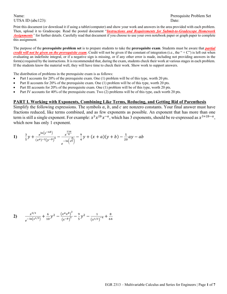 Multivariable Calculus Prerequisite Problem Set