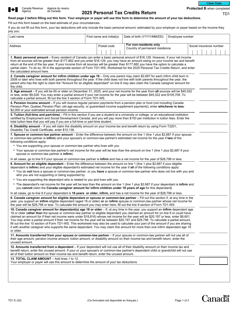 2025 Canada Personal Tax Credits Return (TD1) Form & Guide