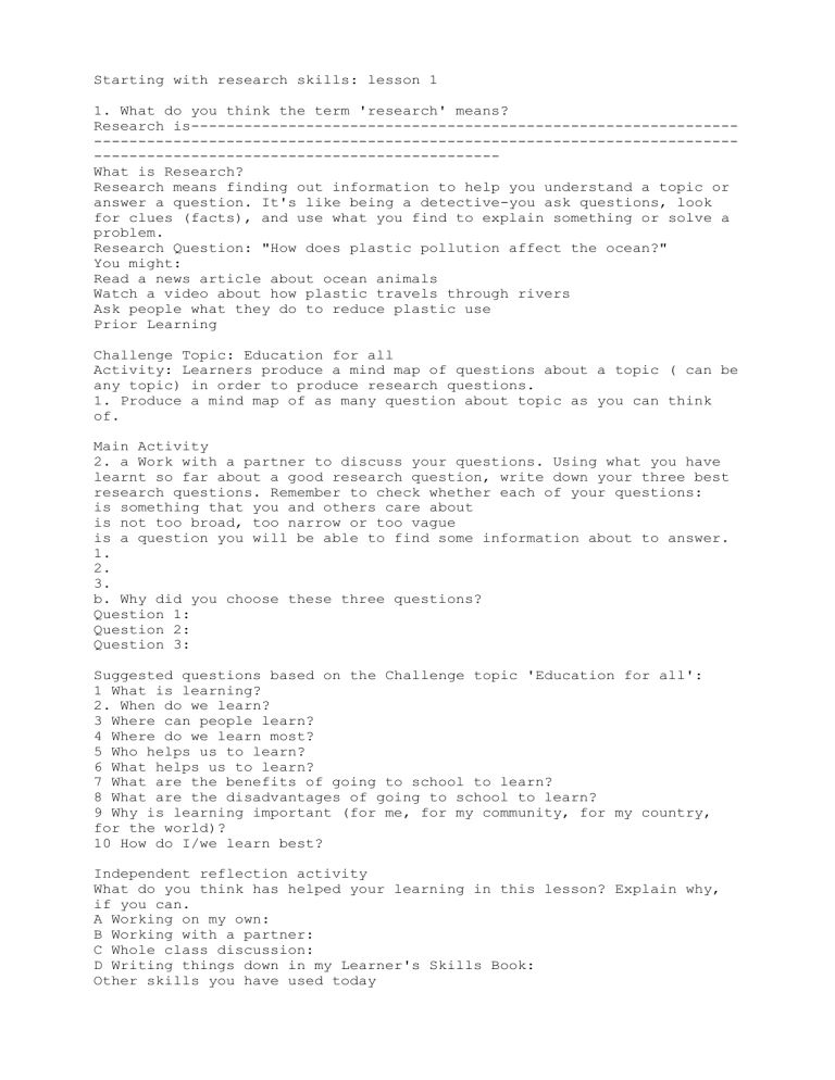 Research Skills Lesson Plan: Questioning & Referencing