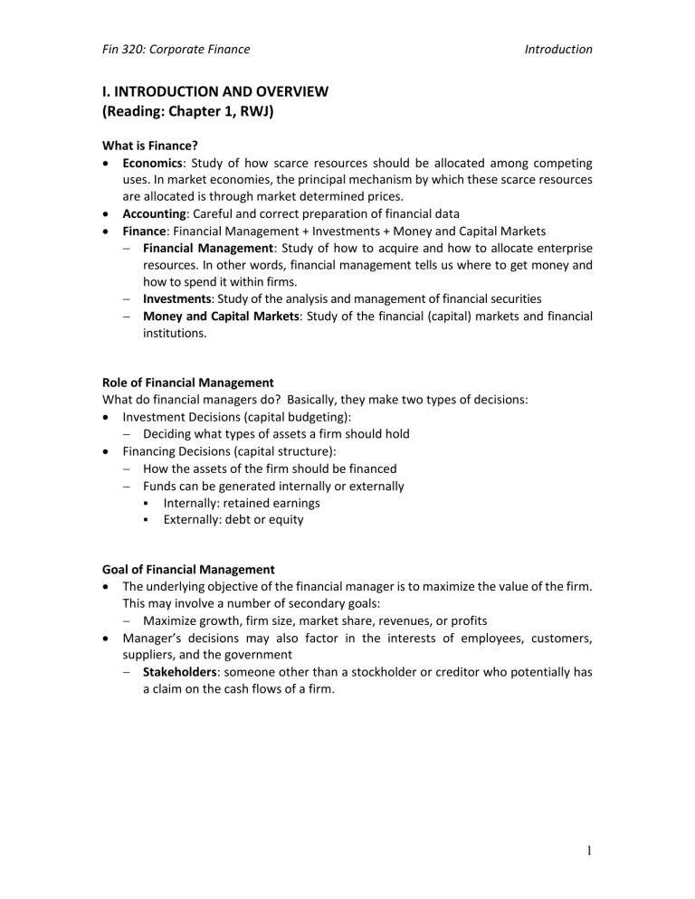 Fin 320: Corporate Finance Introduction - Financial Management & Statements