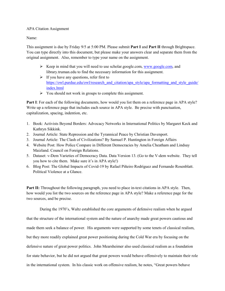 APA Citation Assignment: Reference Page & In-Text Citations Guide