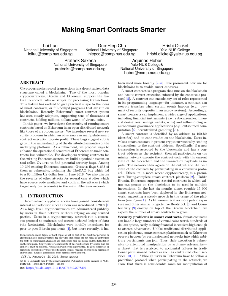 Making Smart Contracts Smarter: Security Analysis of Ethereum