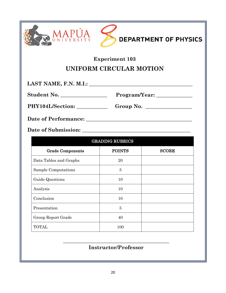 Experiment 103: Uniform Circular Motion Lab Manual