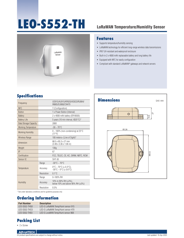 LEO-S552-TH LoRaWAN Temperature/Humidity Sensor Datasheet