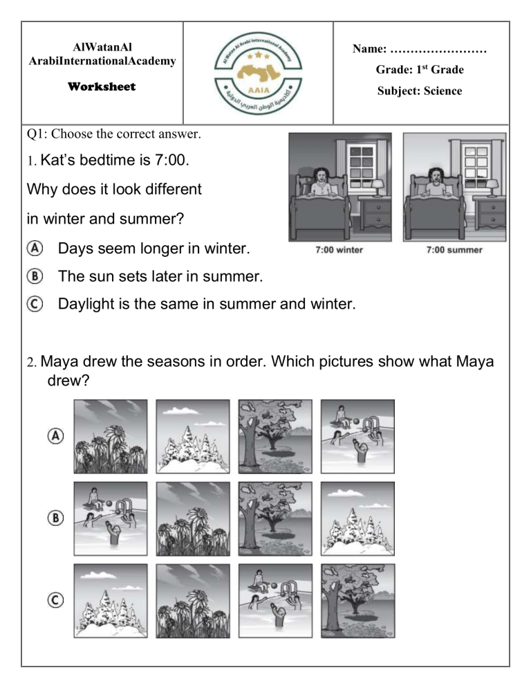 1st Grade Science Worksheet: Seasons, Day/Night, Moon Phases & Stars