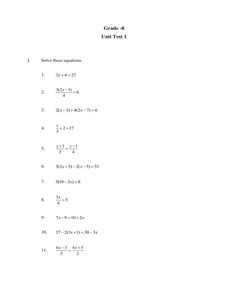 Grade 8 Math Unit Test: Equations, Expressions, and Algebra