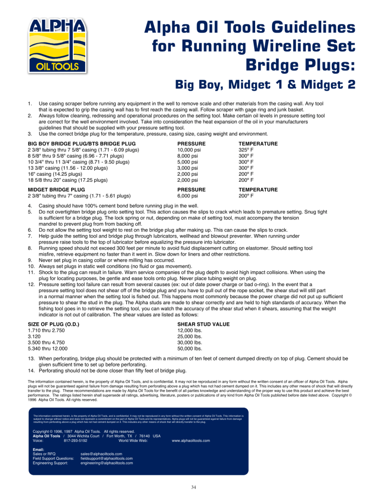 Wireline Set Bridge Plug Guidelines - Alpha Oil Tools