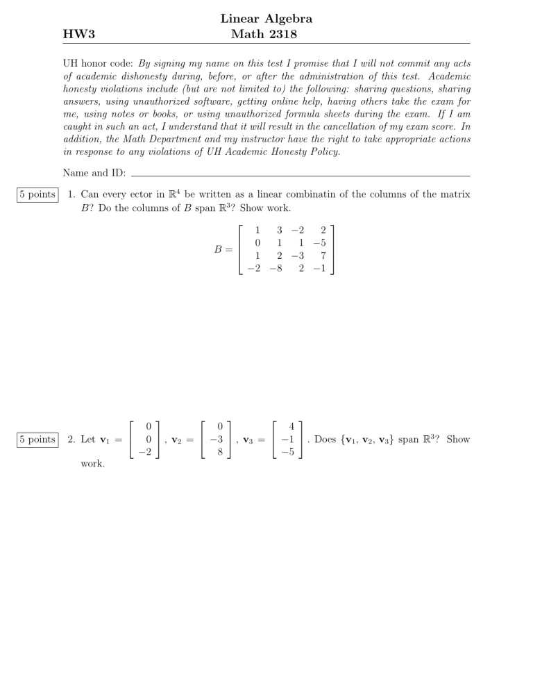 Linear Algebra HW3: Span, Linear Combinations, Ax=0 Solutions