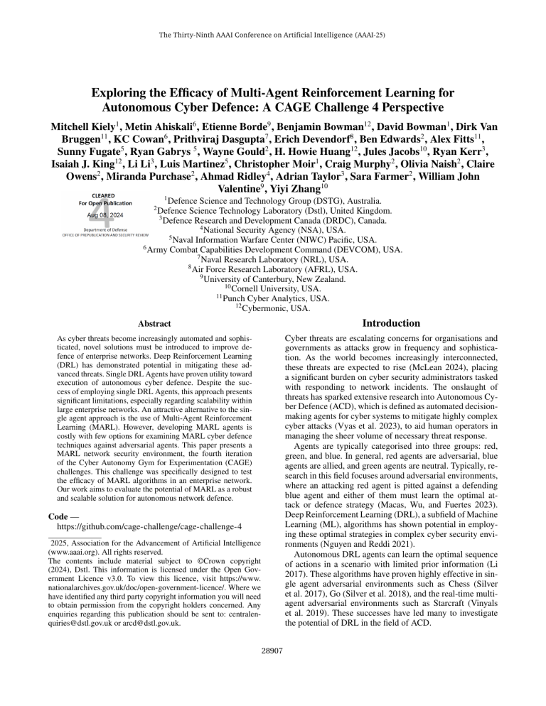 MARL for Autonomous Cyber Defense: A CAGE Challenge 4 Perspective