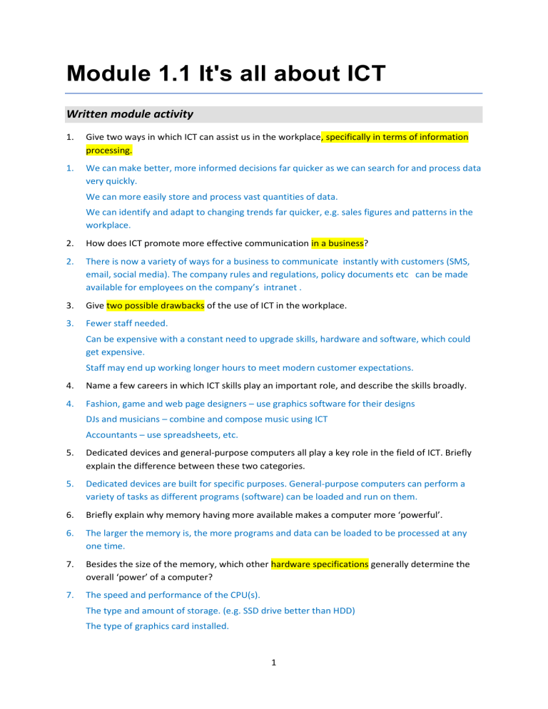 ICT Module 1.1: Workplace, Hardware, Software & Security Q&A
