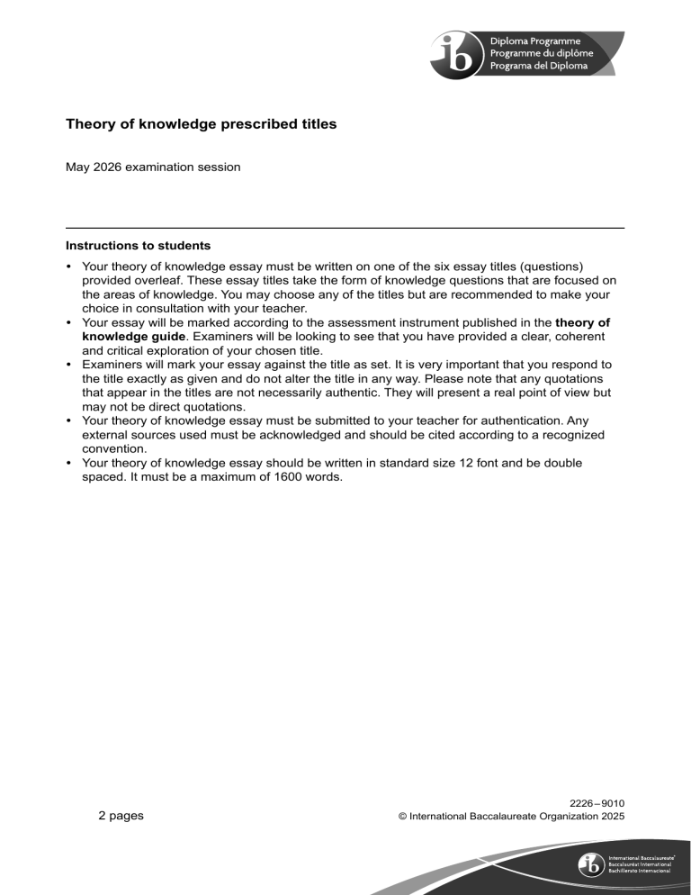 IB Theory of Knowledge Essay Titles May 2026 Examination Session