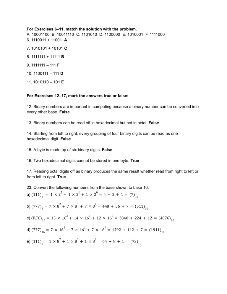 Binary, Octal, Hexadecimal Number System Exercises & Solutions