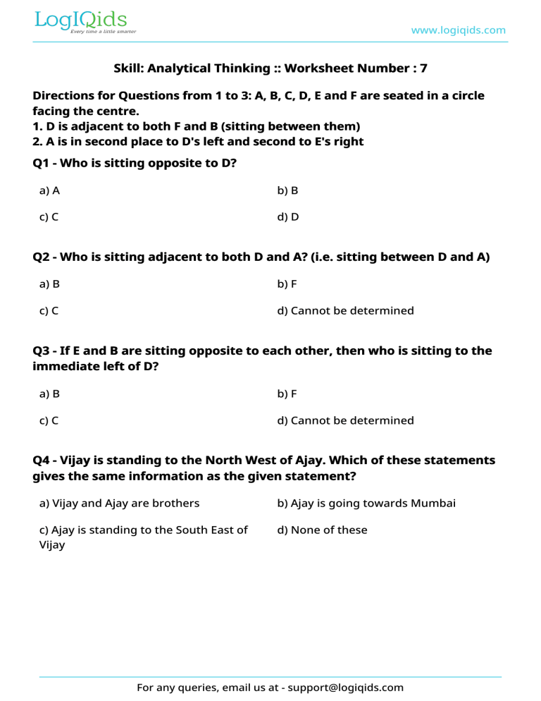 Analytical Thinking Worksheet 7 | LogiQids Logic Puzzles & Reasoning