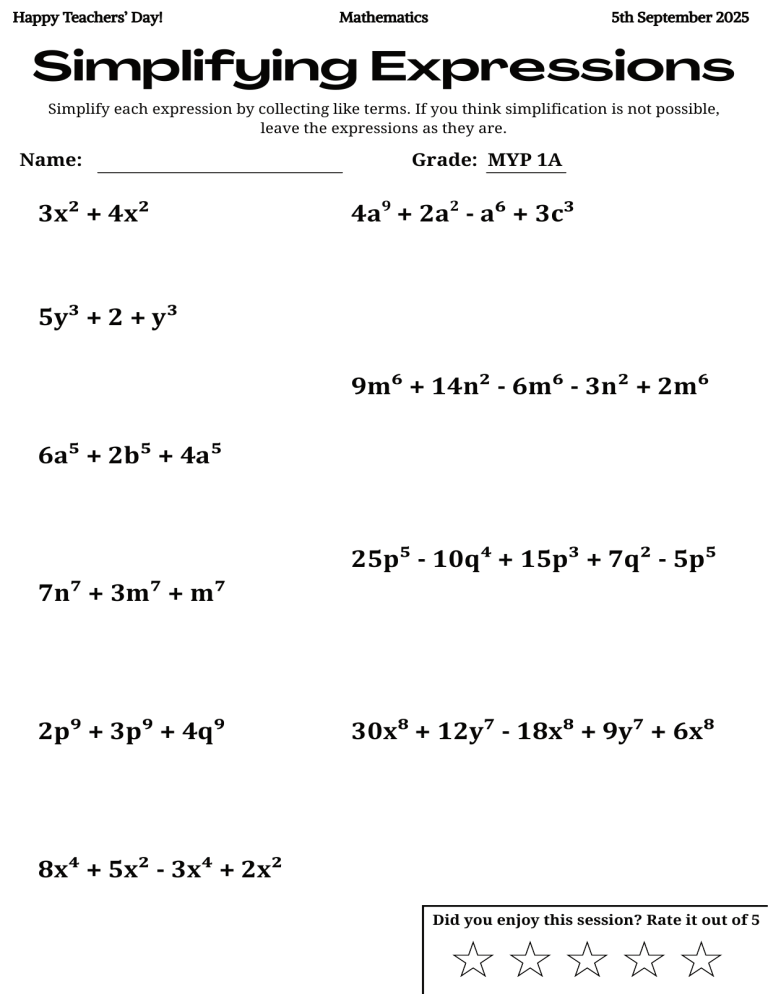 Simplifying Algebraic Expressions Worksheet | Middle School Math