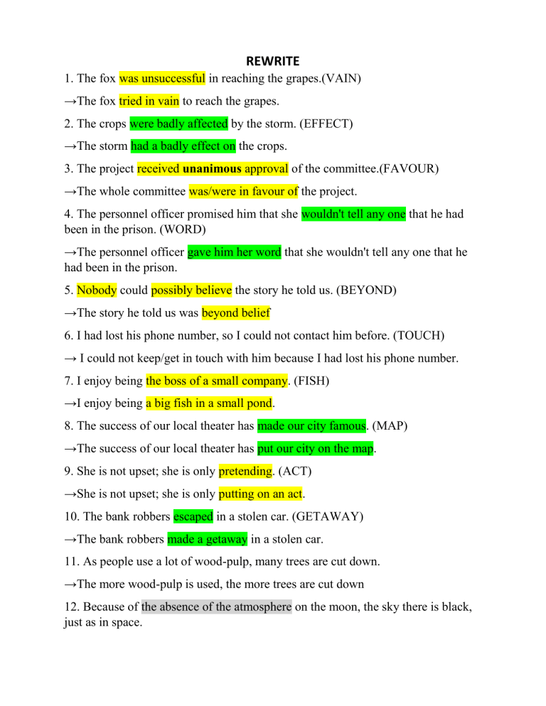 Sentence Rewriting Exercises: Grammar & Vocabulary
