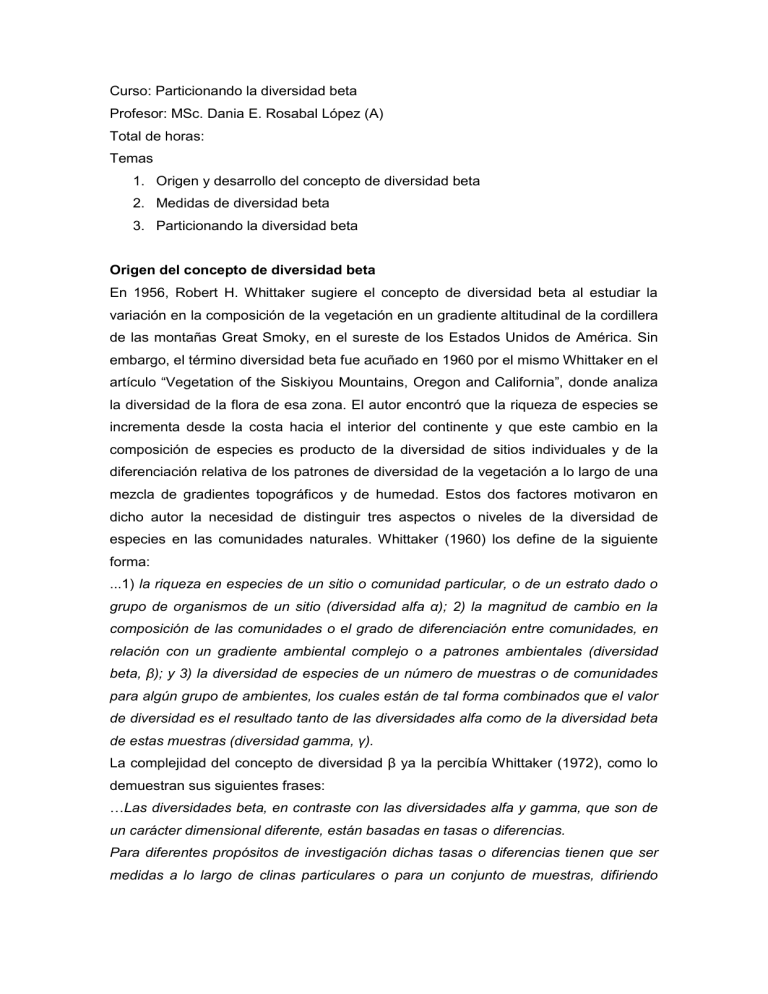 Particionamiento de la Diversidad Beta: Material del Curso de Ecología