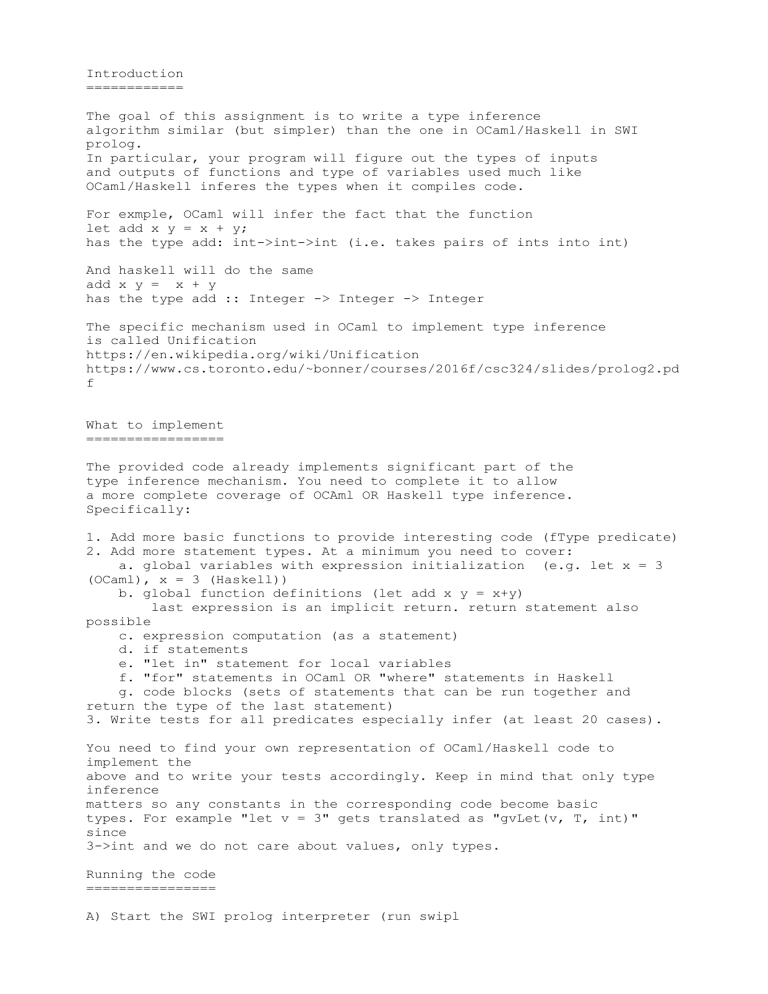 Prolog Type Inference Assignment: OCaml/Haskell Style Algorithm