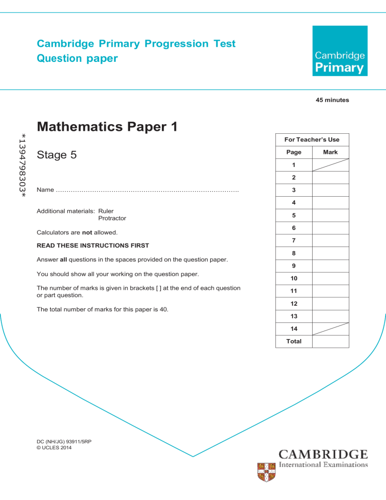 Cambridge Primary Maths Stage 5 Progression Test Paper 1 (2014)