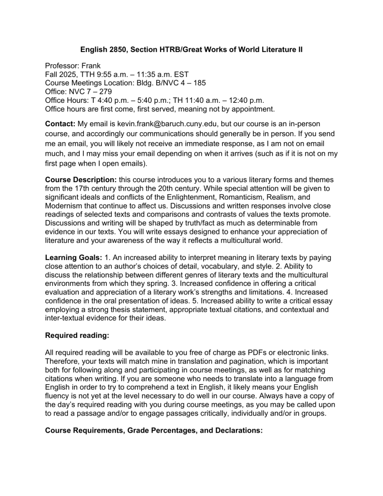 English 2850 Syllabus: World Literature II