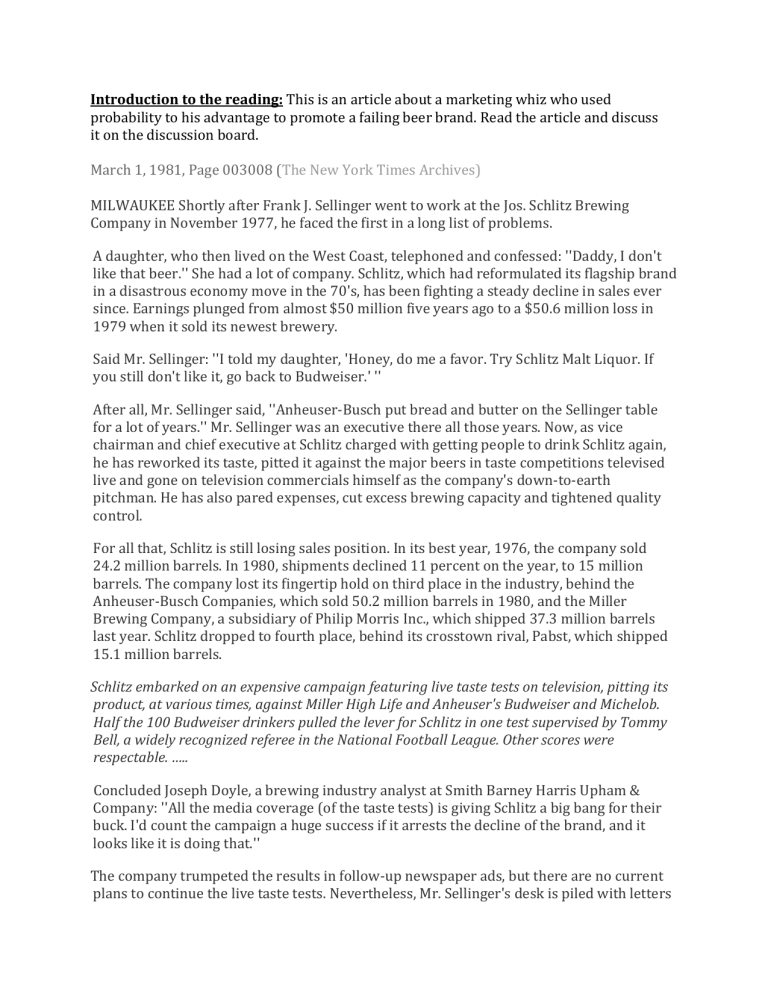 Schlitz Marketing & Probability Case Study