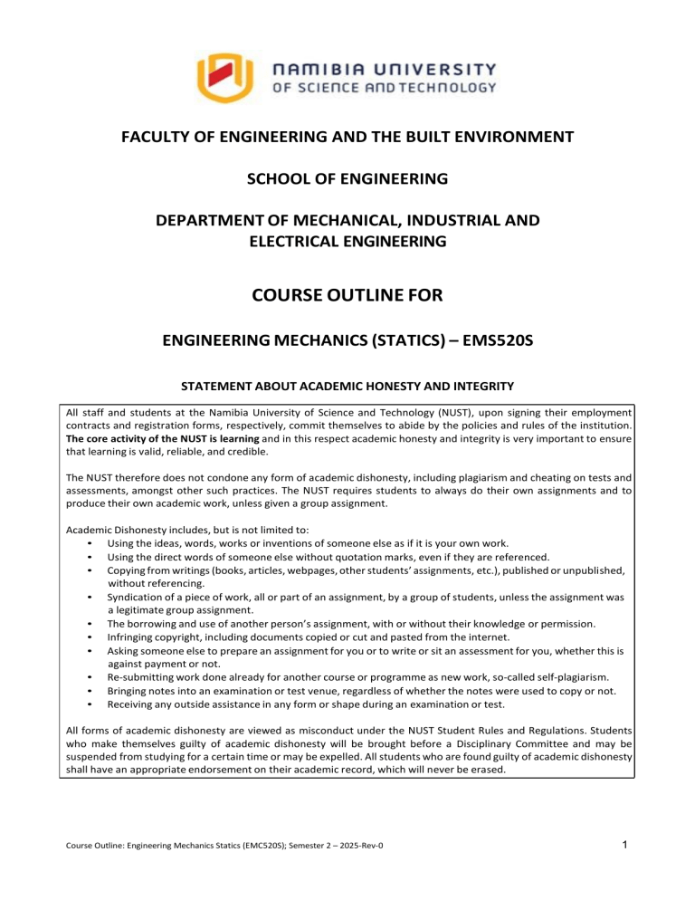 Engineering Mechanics (Statics) EMS520S Course Outline - NUST 2025