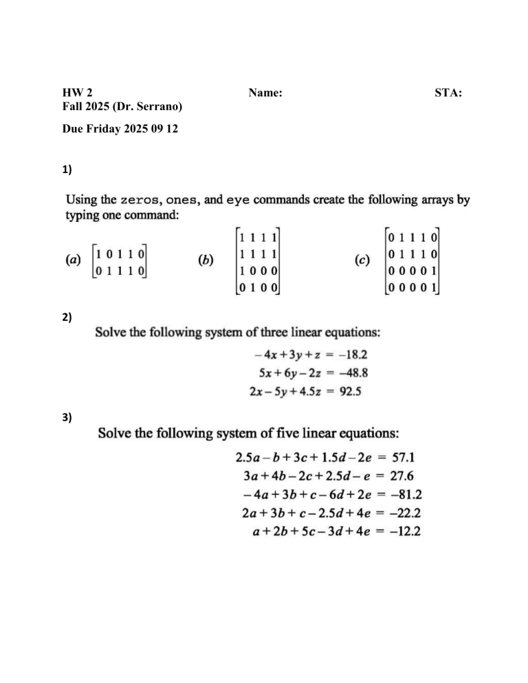 HW 2: Linear Algebra & Matrix Operations (Dr. Serrano, Fall 2025)
