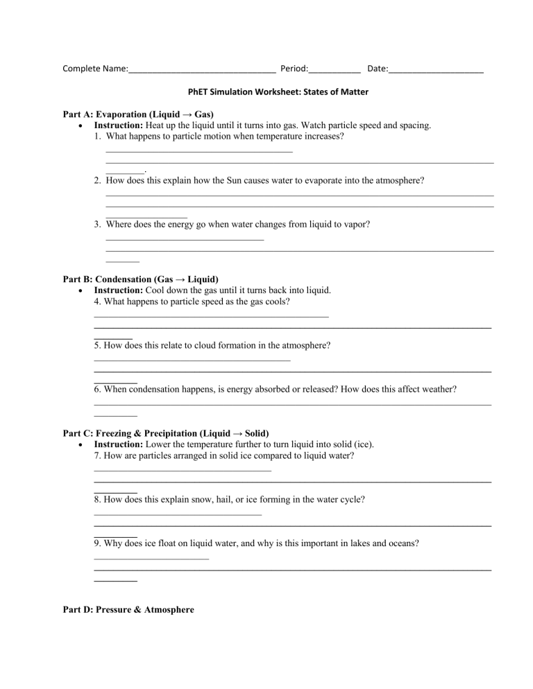 PhET States of Matter Worksheet: Evaporation, Condensation, Freezing