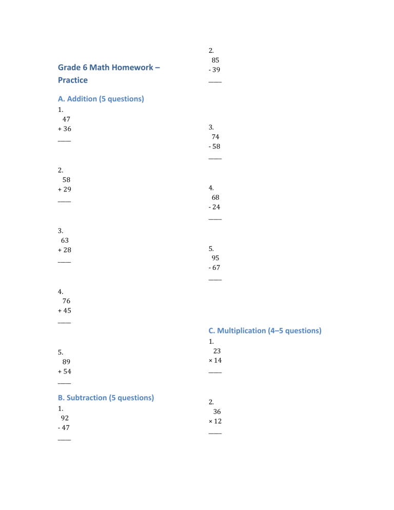 Grade 6 Math Homework: Addition, Subtraction, Multiplication, Division